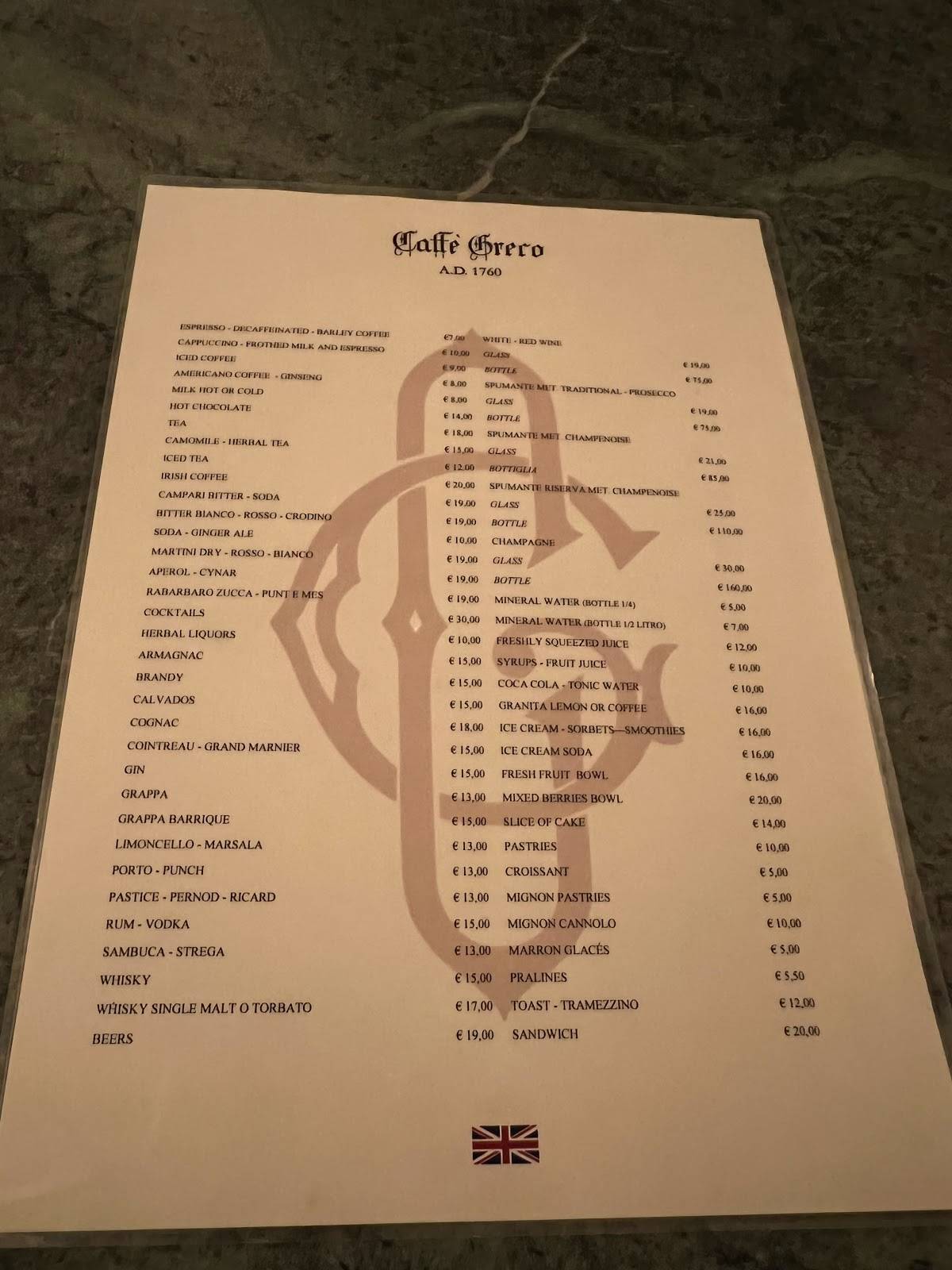 Menu da Antico Caffè Greco caffè bar, Roma, Via dei Condotti