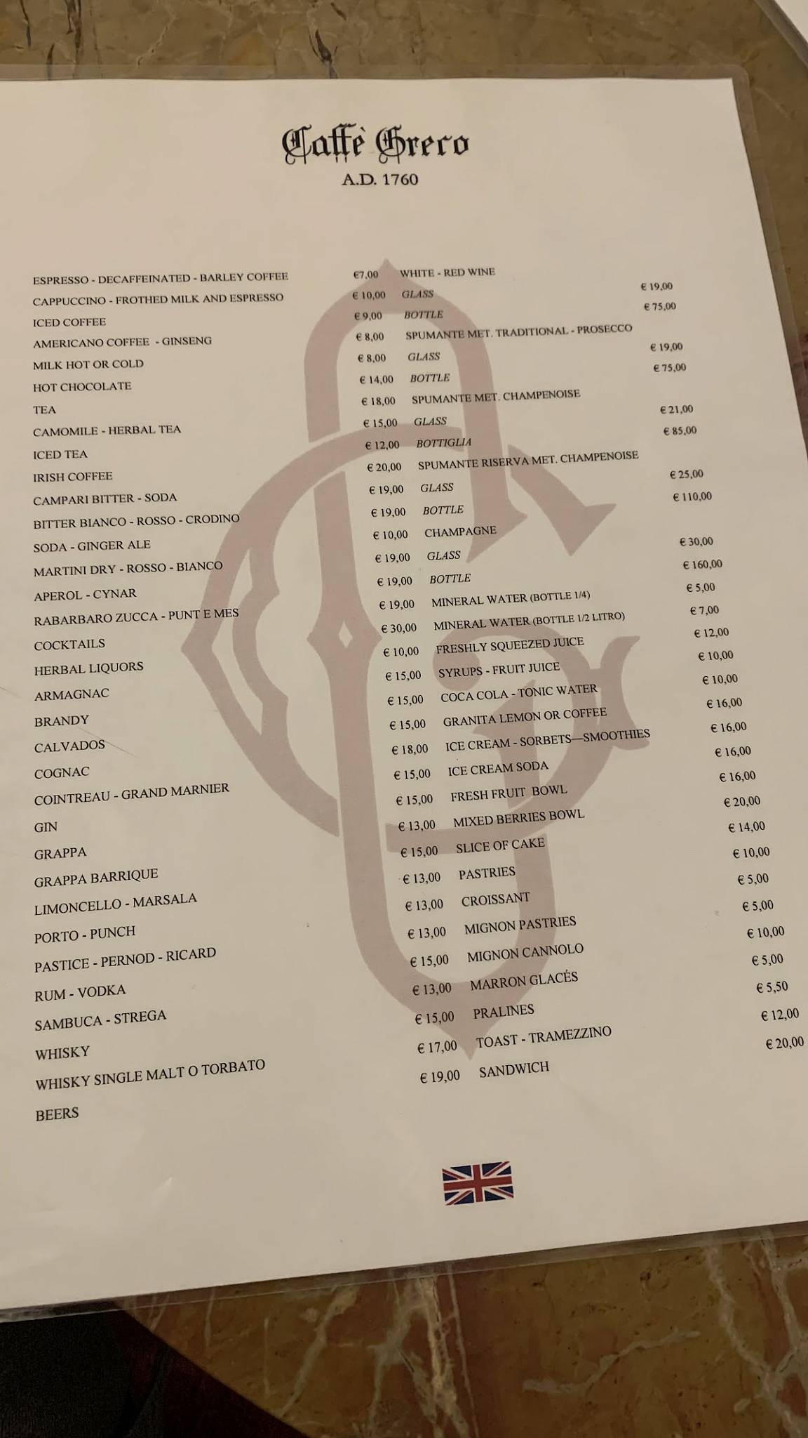 Menu da Antico Caffè Greco caffè bar, Roma, Via dei Condotti