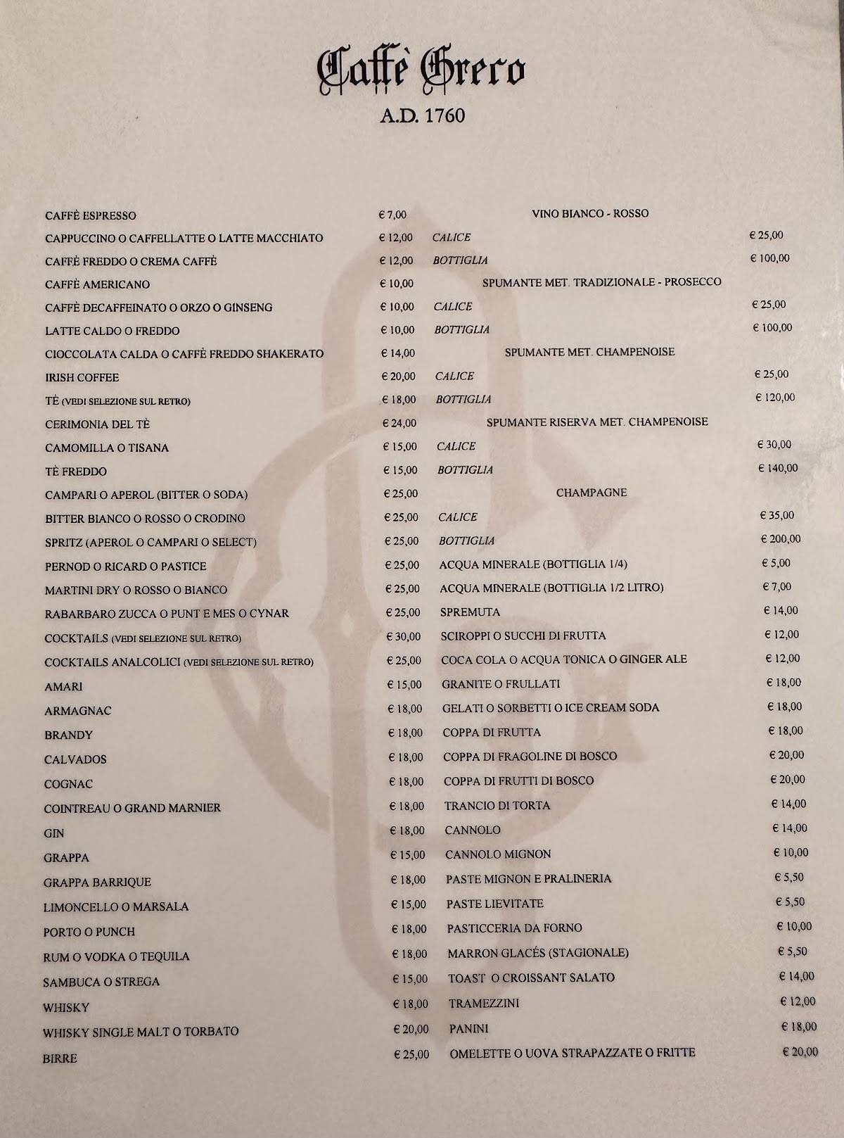 Carta del café Antico Caffè Greco, Roma, Via dei Condotti