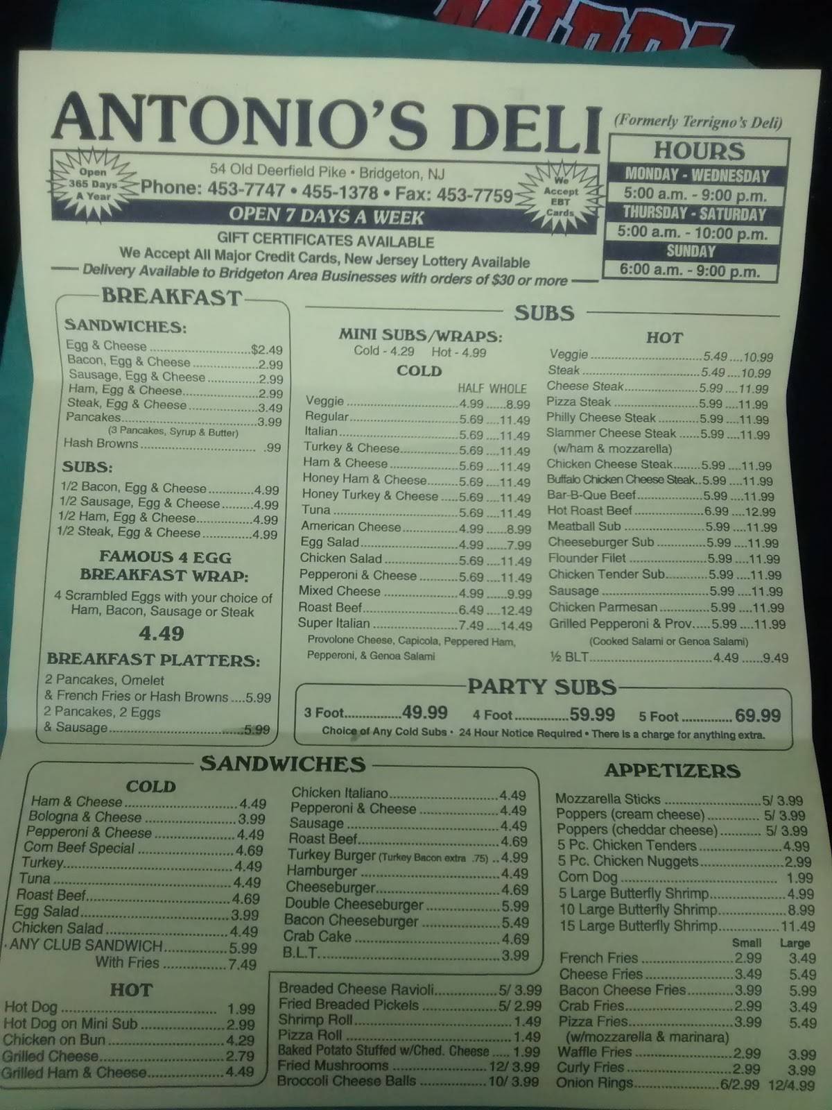 Menu at Antonio's Delicatessen restaurant, Bridgeton