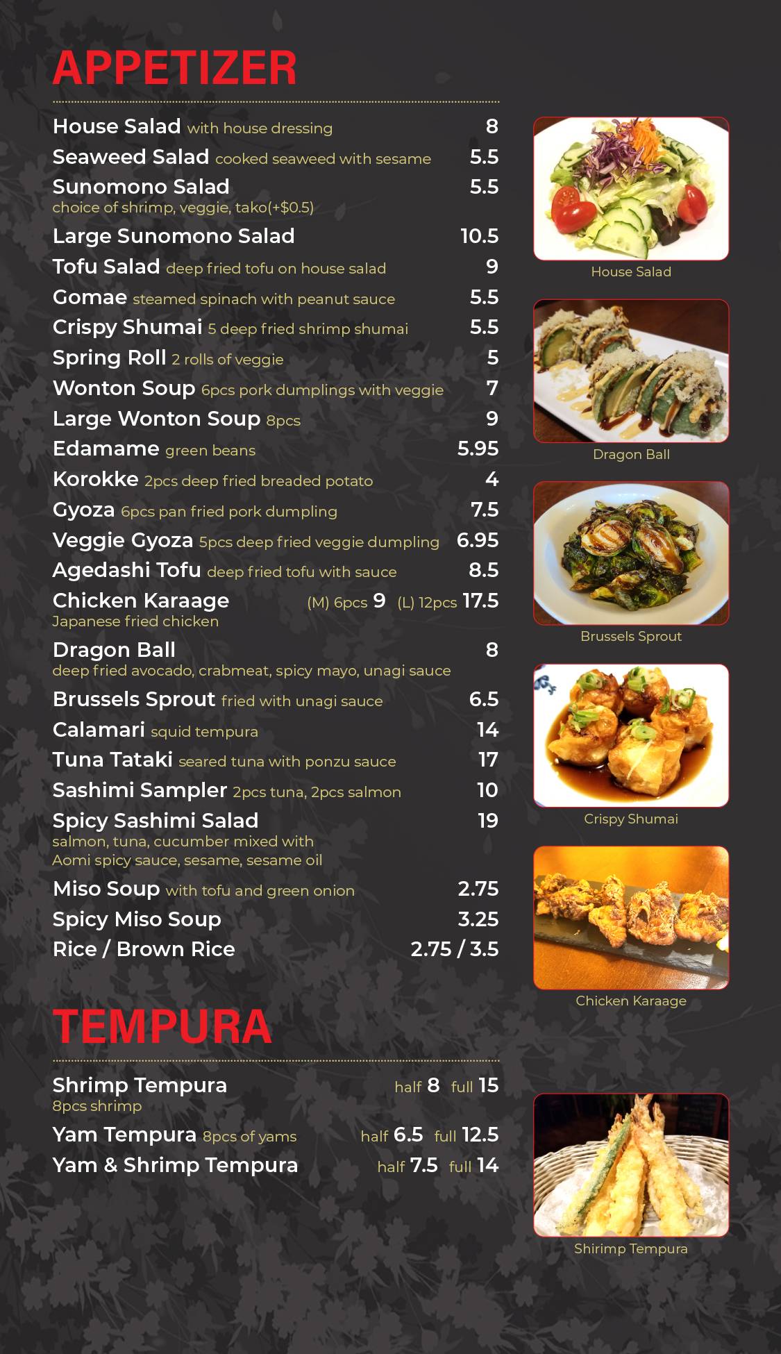 Menu at Aomi Sushi Japanese Restaurant, Kelowna