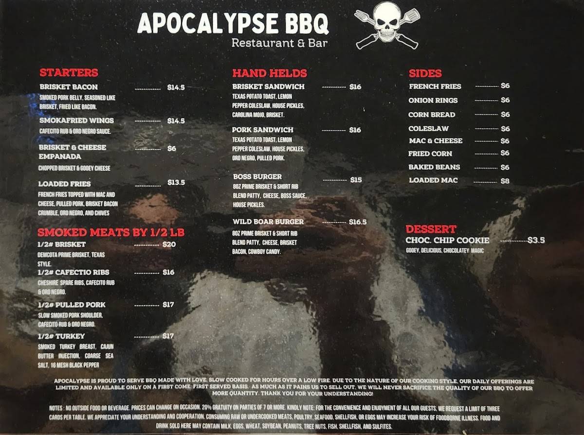 Menu at Apocalypse BBQ, Miami, SW 104th St