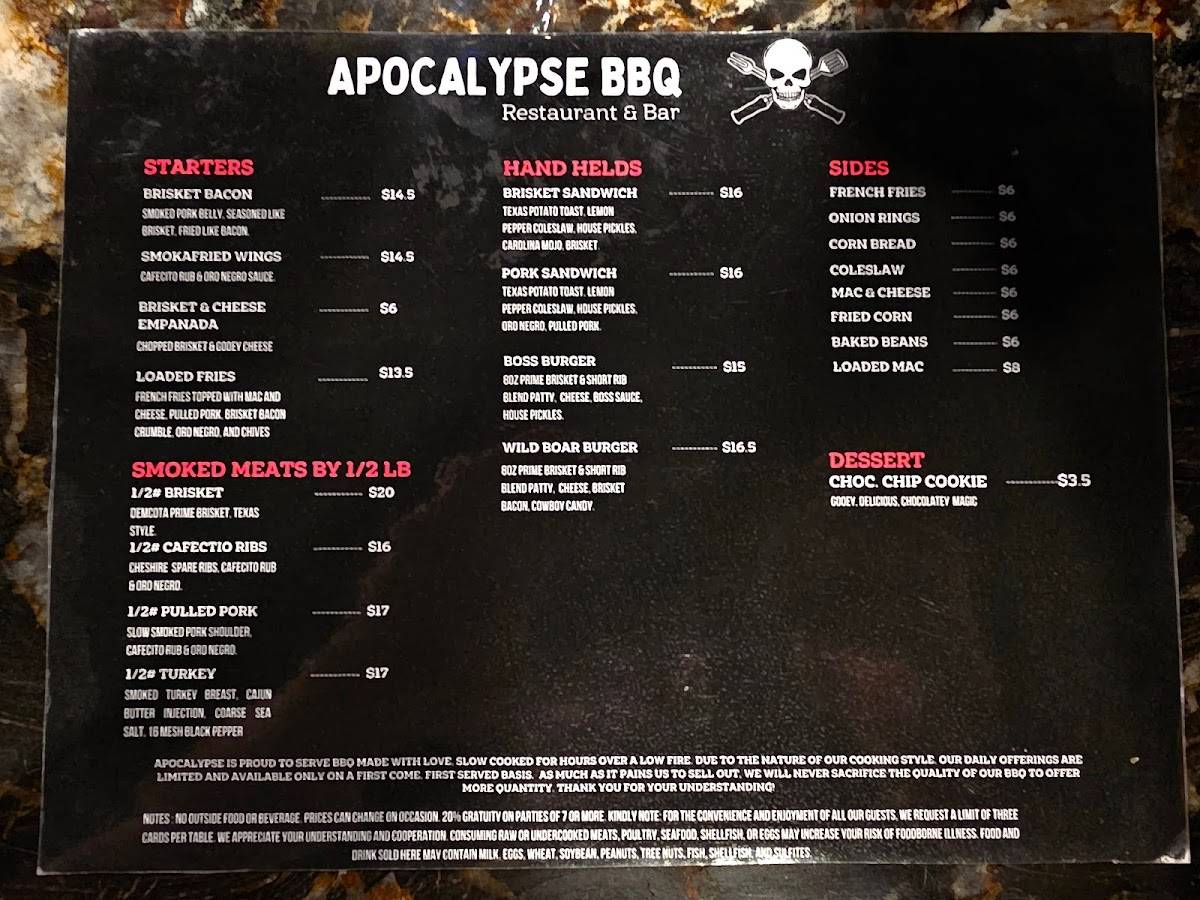 Menu at Apocalypse BBQ, Miami, SW 104th St