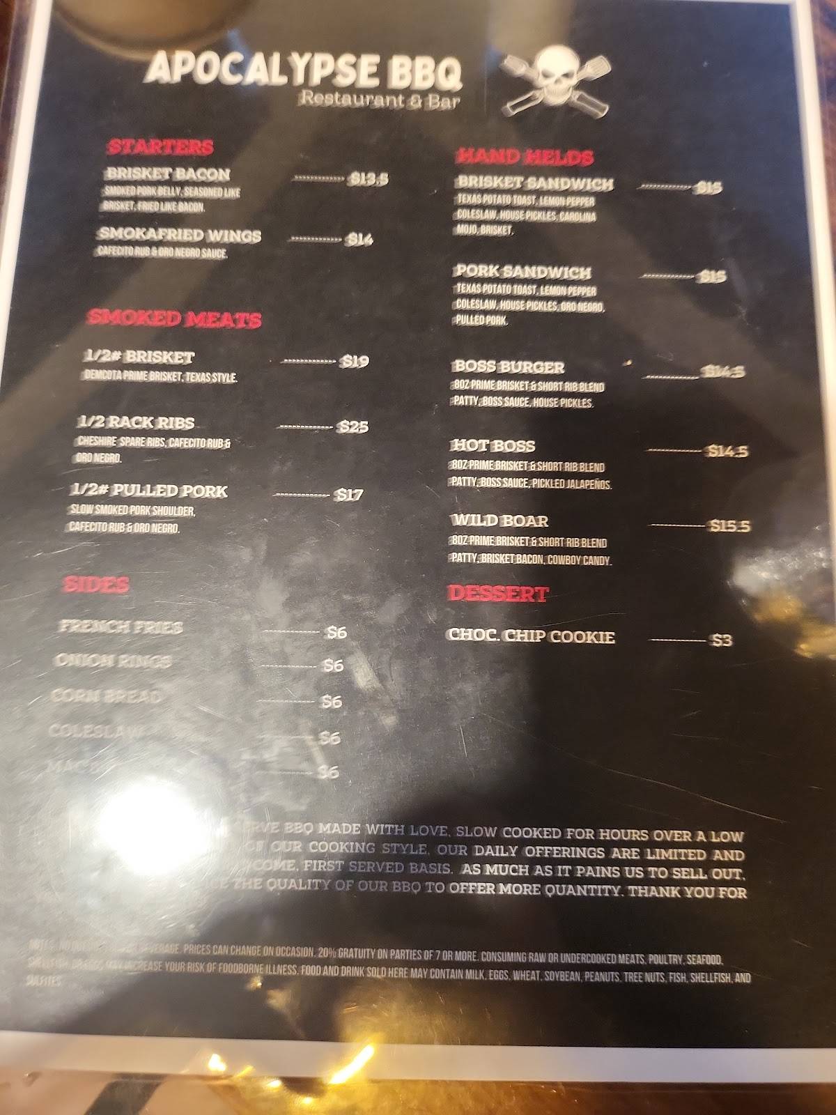 Menu at Apocalypse BBQ, Miami, SW 104th St