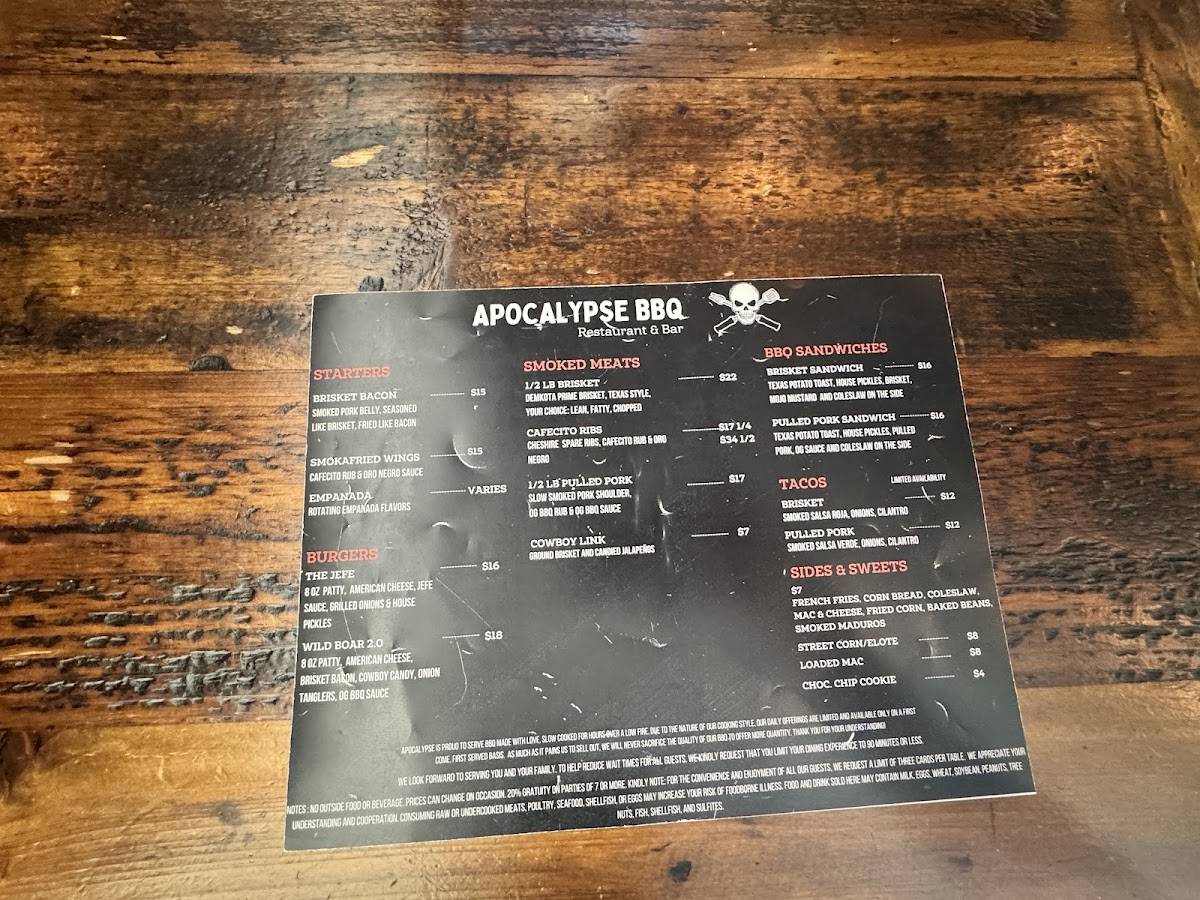 Menu at Apocalypse BBQ, Miami, SW 124th Ave.