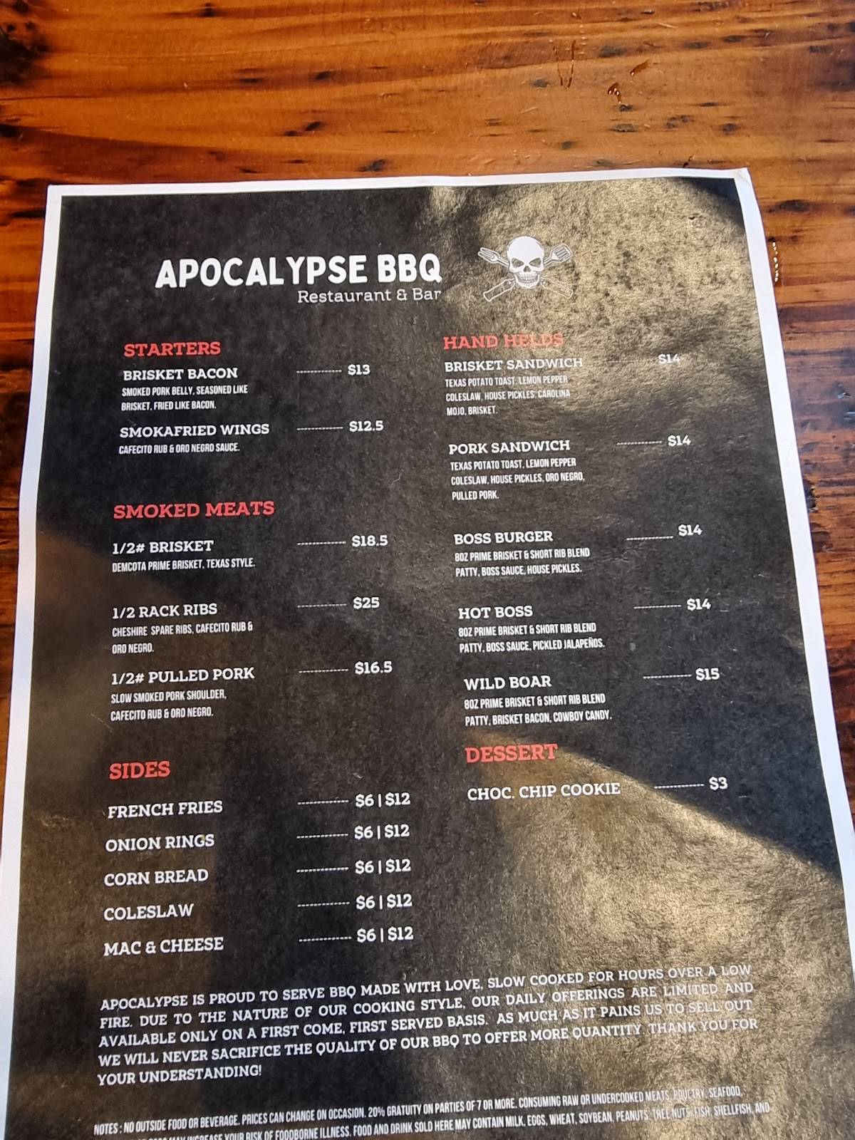Menu at Apocalypse BBQ, Miami, SW 104th St
