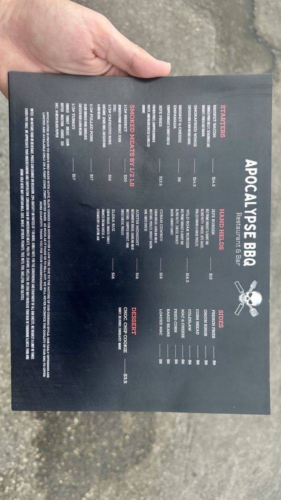 Menu at Apocalypse BBQ, Miami, SW 104th St