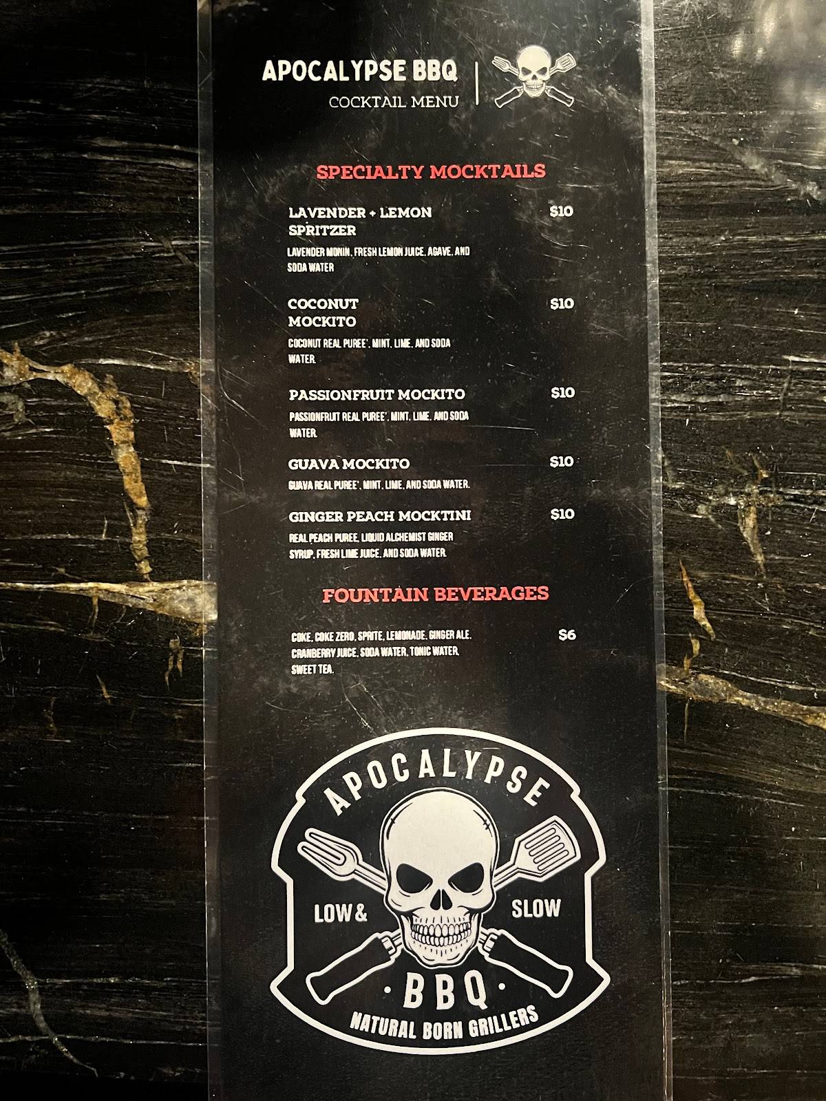 Menu at Apocalypse BBQ, Miami, SW 104th St