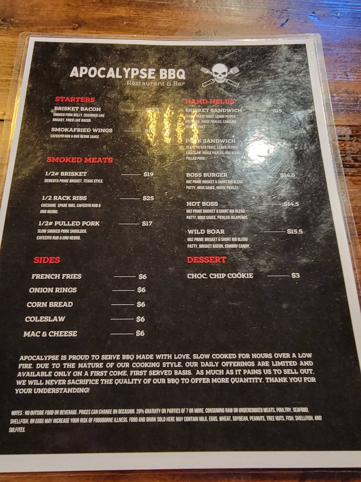 Menu at Apocalypse BBQ, Miami, SW 104th St