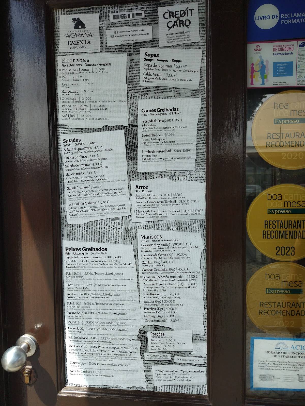 Menu at Restaurante A Cabana, Apúlia, Av. Marginal Cedovém