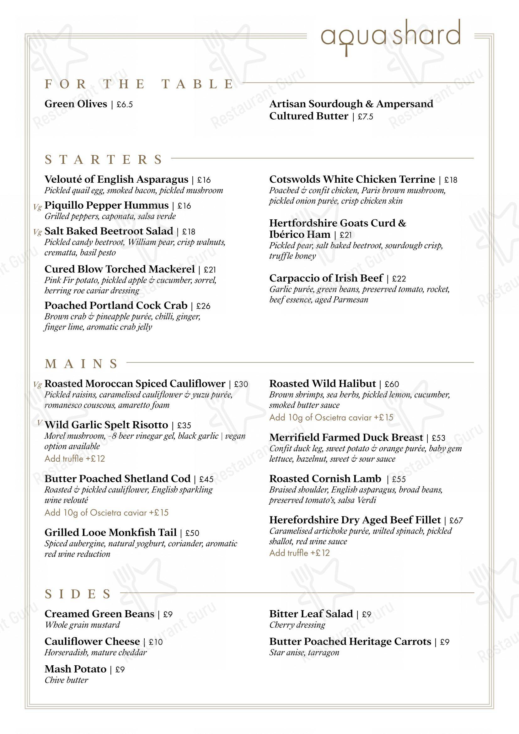 Menu at Aqua Shard pub & bar, London, Level 31