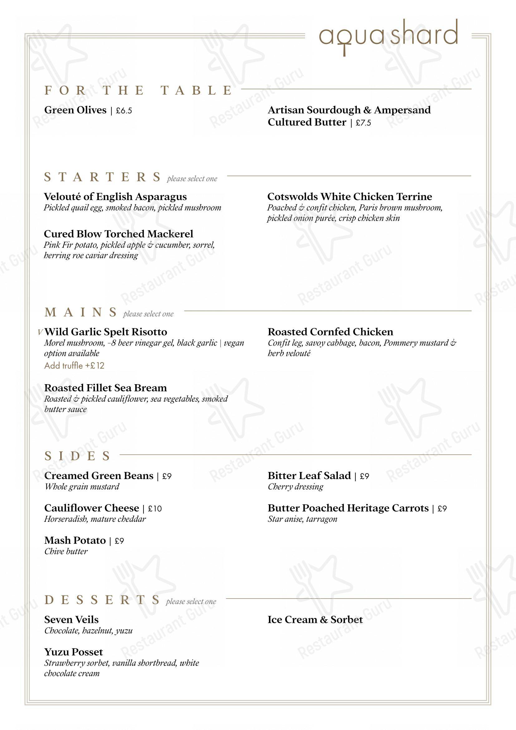 Menu at Aqua Shard pub & bar, London, Level 31