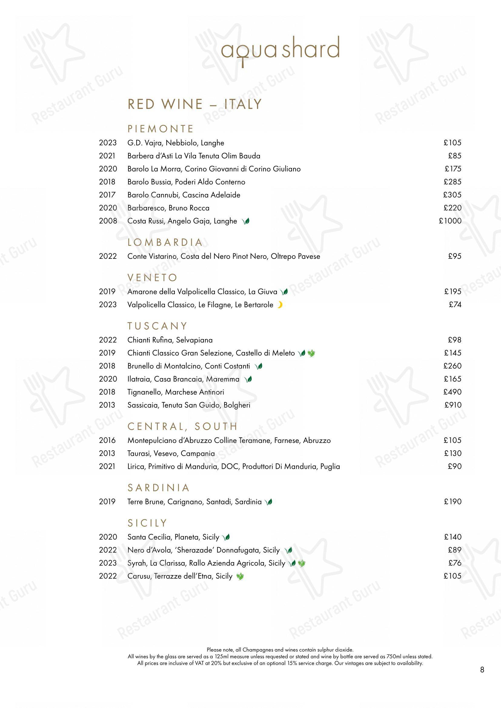 Menu at Aqua Shard pub & bar, London, Level 31