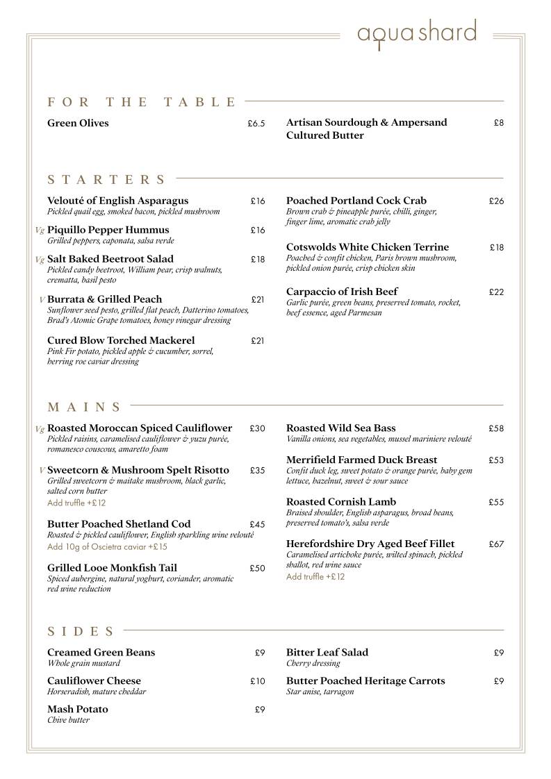 Menu at Aqua Shard pub & bar, London, Level 31