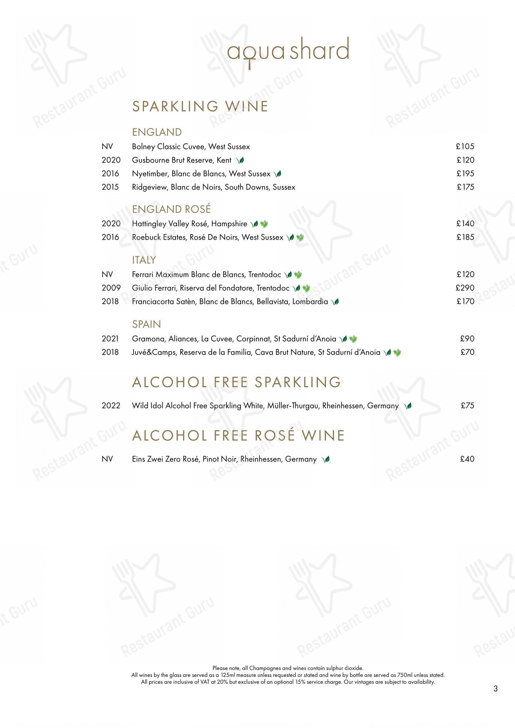Menu at Aqua Shard pub & bar, London, Level 31