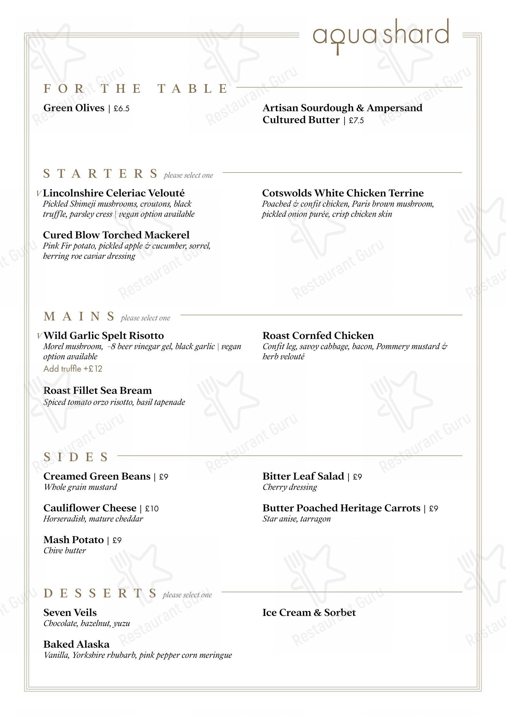 Menu at Aqua Shard pub & bar, London, Level 31