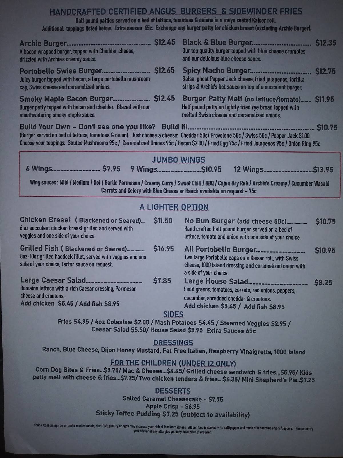 Menu at Archie's British Restaurant, Melbourne