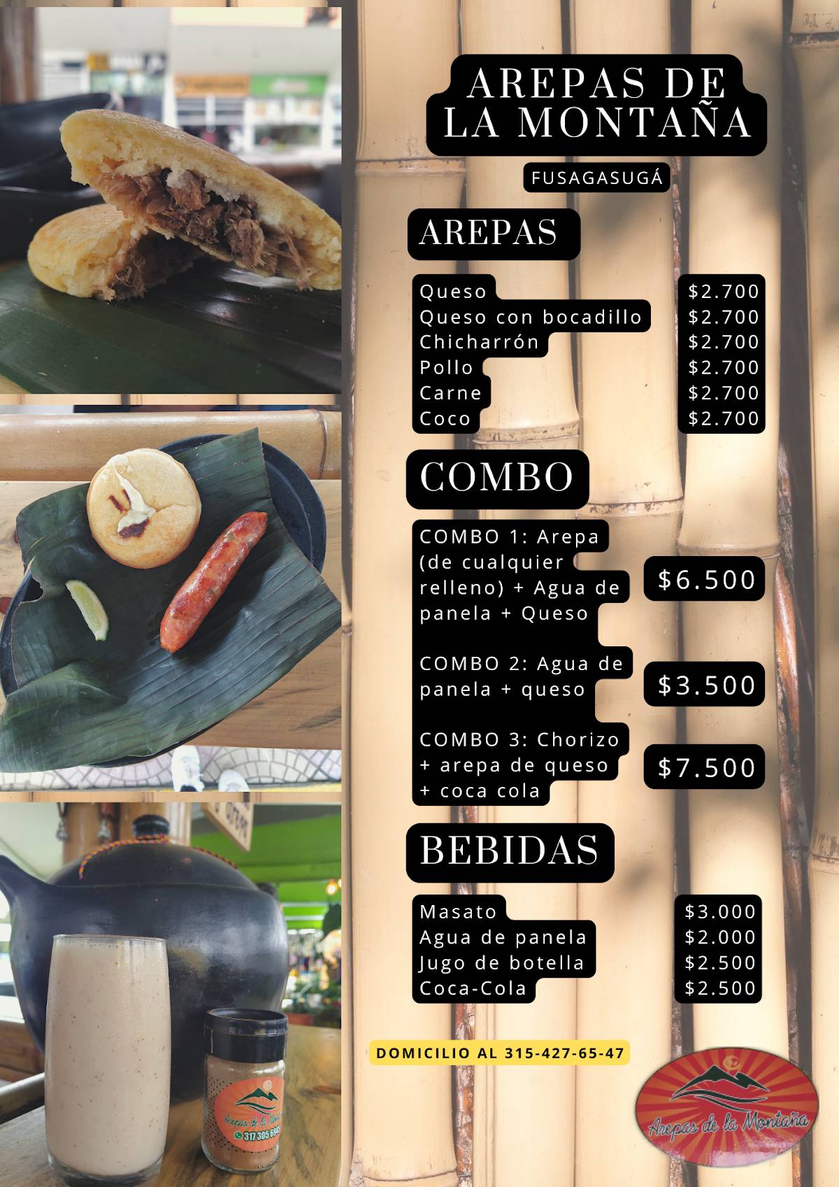 Menu at Arepas de la Montaña restaurant, Fusagasugá, Diagonal 18 No. 15 ...