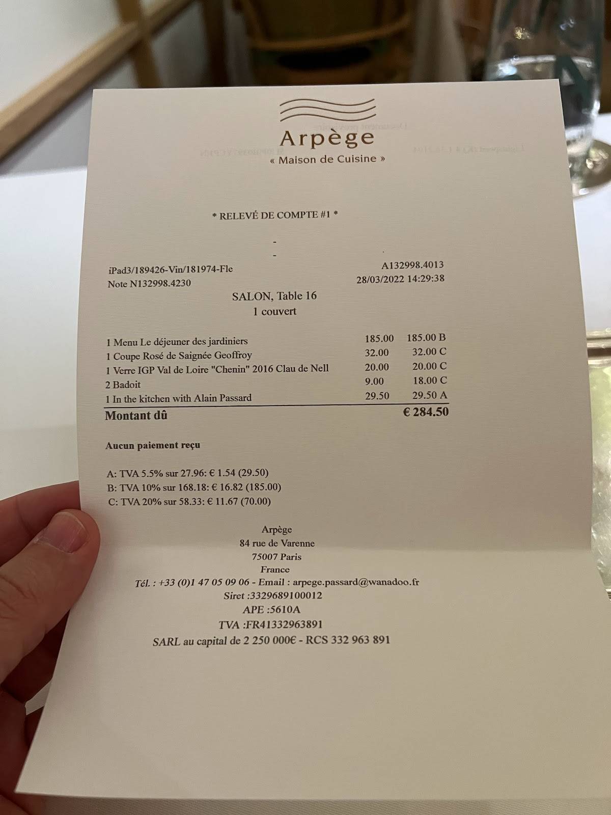 Menu at Arpège restaurant, Paris, 84 Rue de Varenne