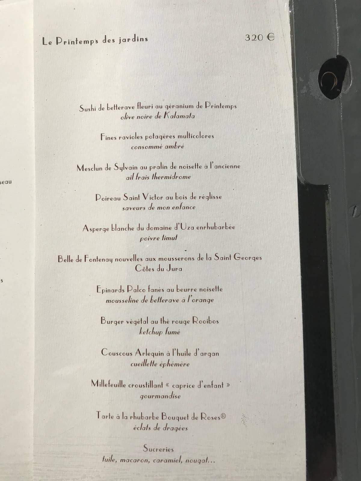 Menu at Arpège restaurant, Paris, 84 Rue de Varenne