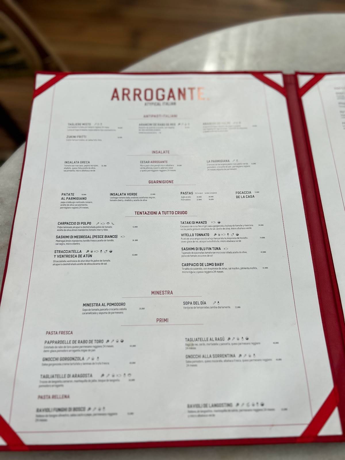Carta de Arrogante Restaurante Bogotá, Bogotá