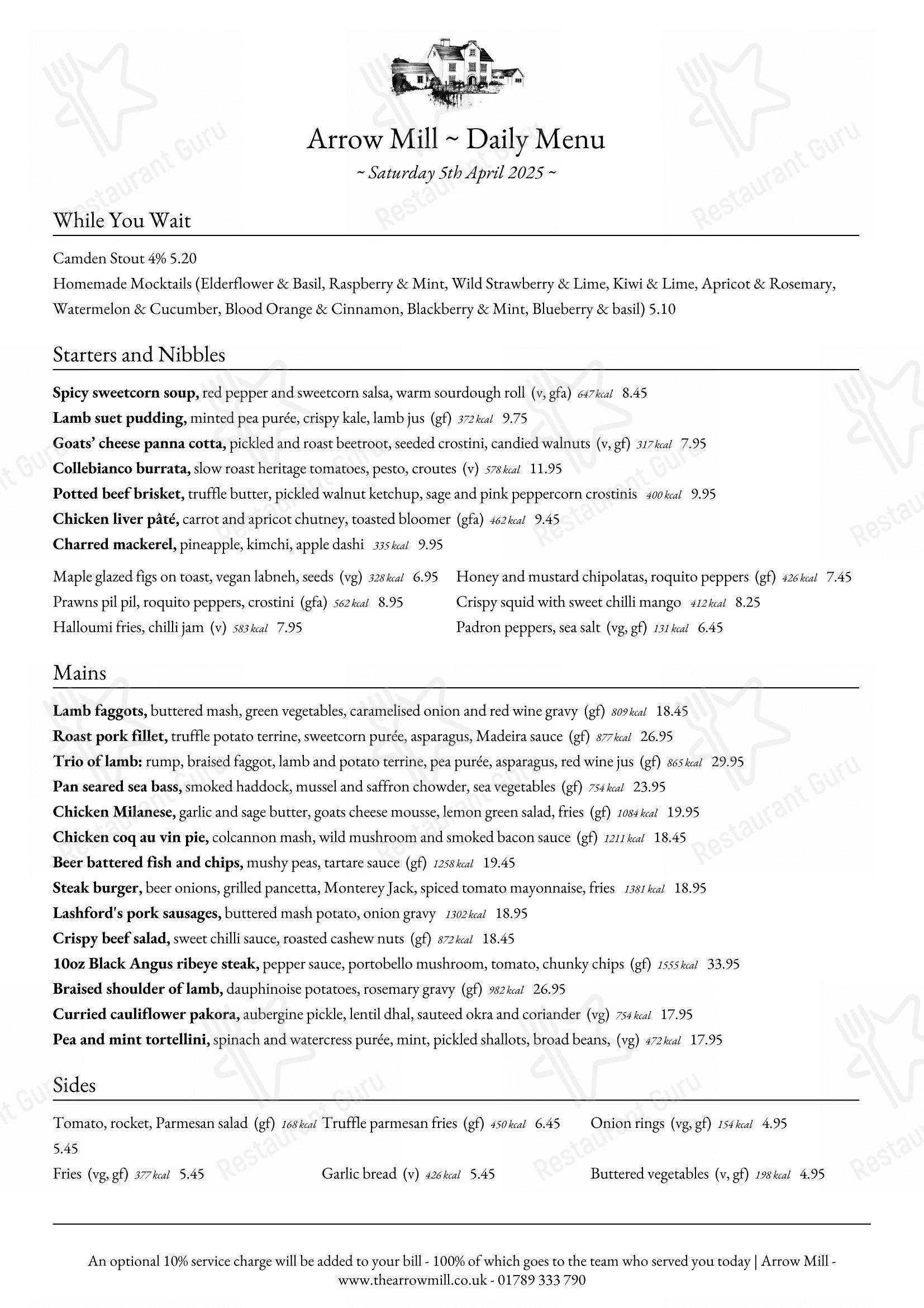 Menu at Arrow Mill pub & bar, Alcester, Arrow