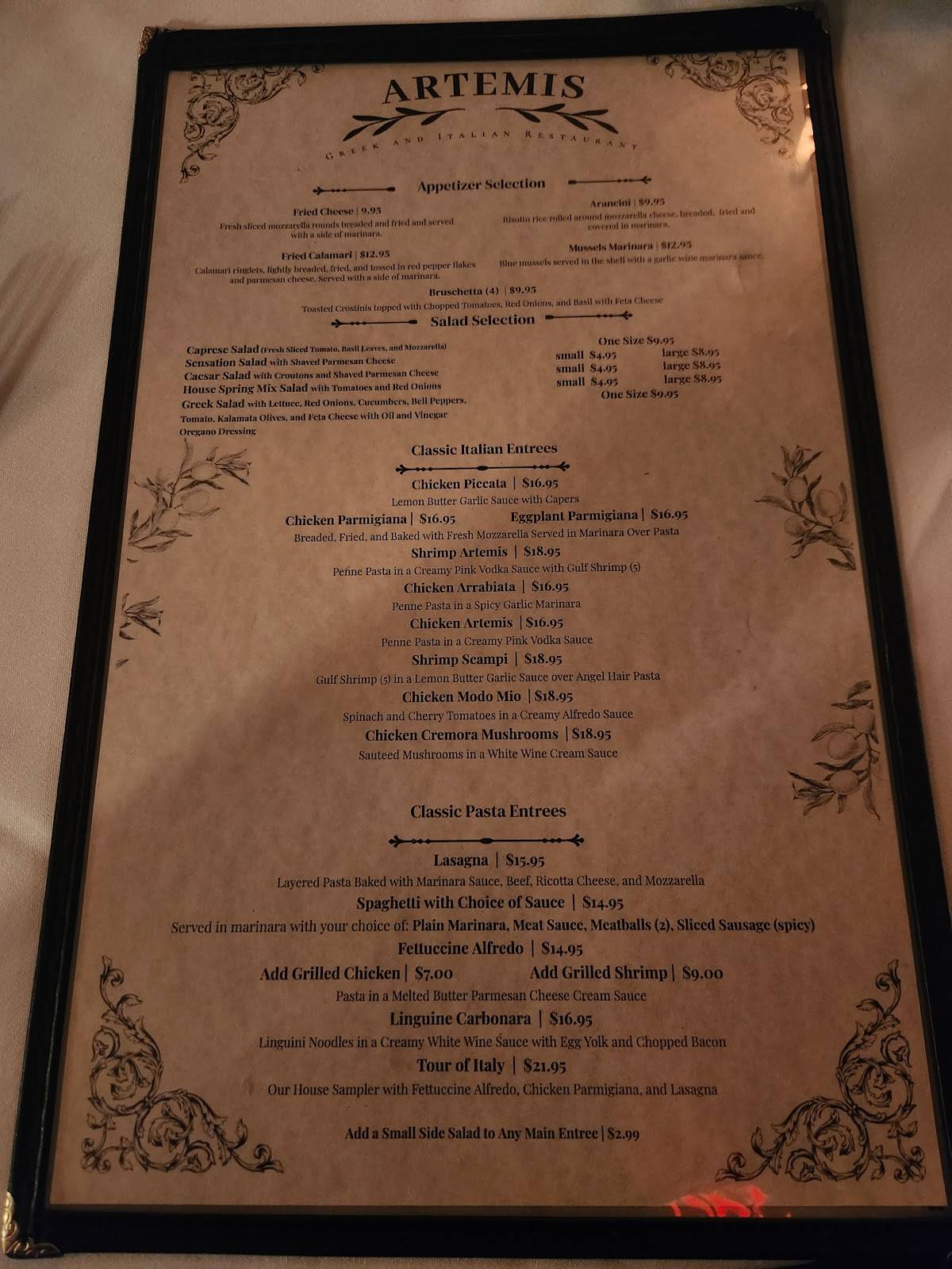 Menu at Artemis Greek Italian Restaurant, Thibodaux