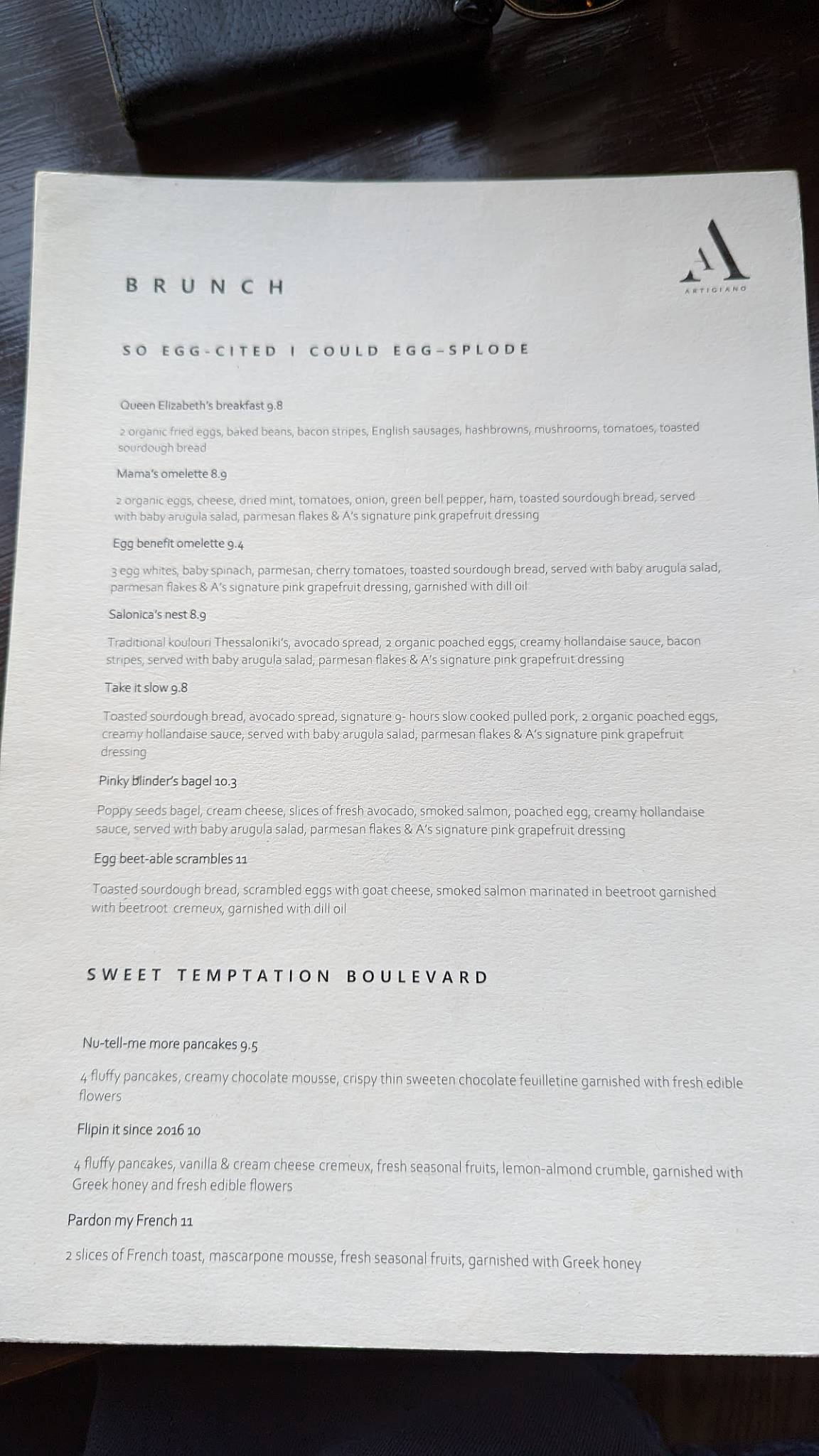 Menu at Artigiano, Nicosia, Stasikratous 26A
