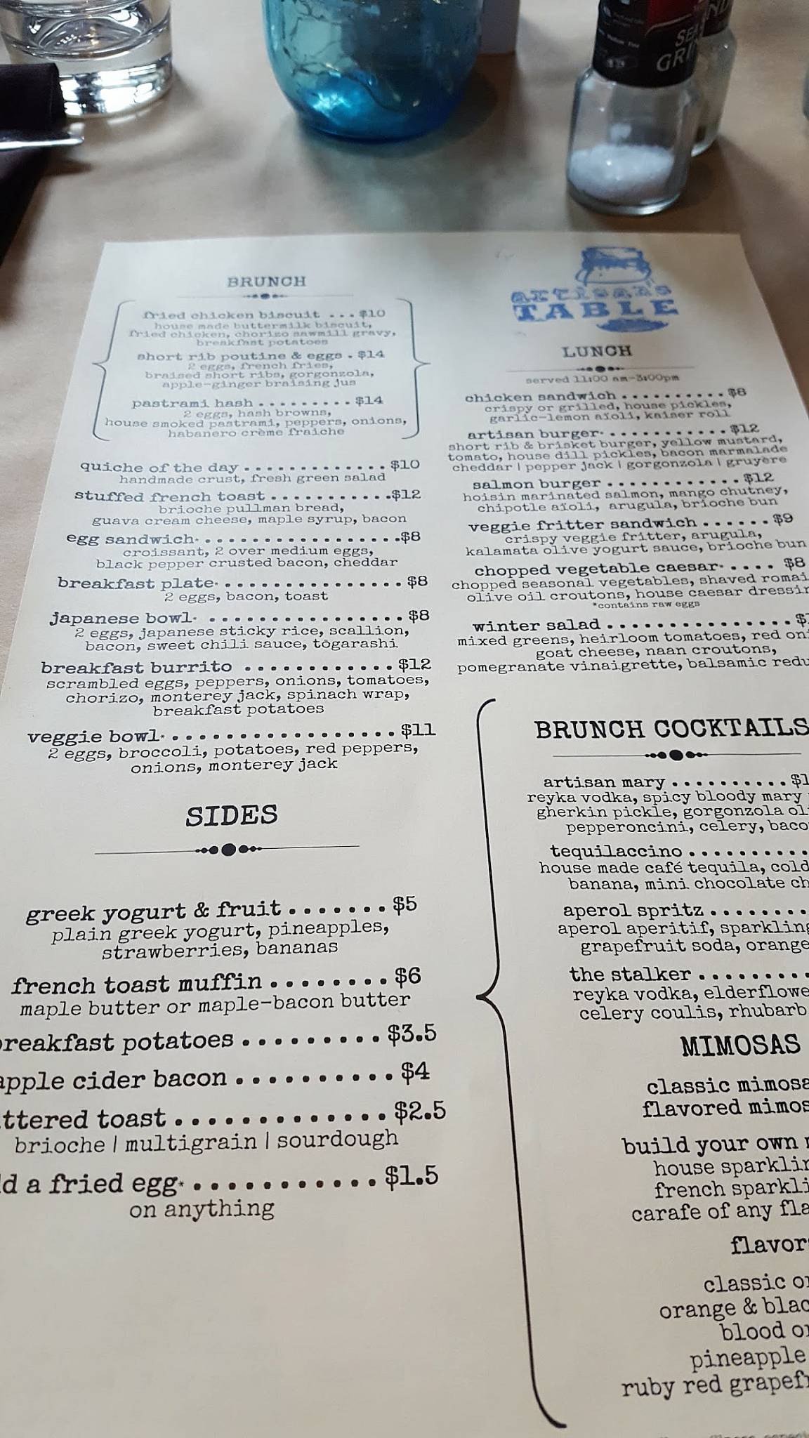 Menu at Artisan's Table restaurant, Orlando