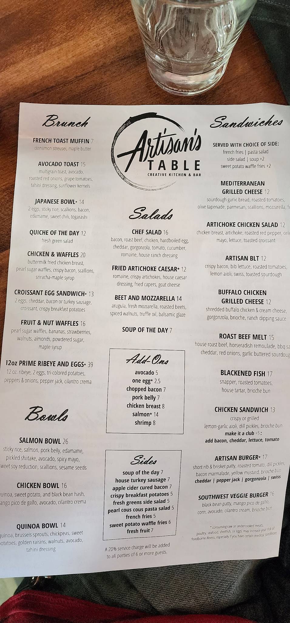 Menu at Artisan's Table restaurant, Orlando