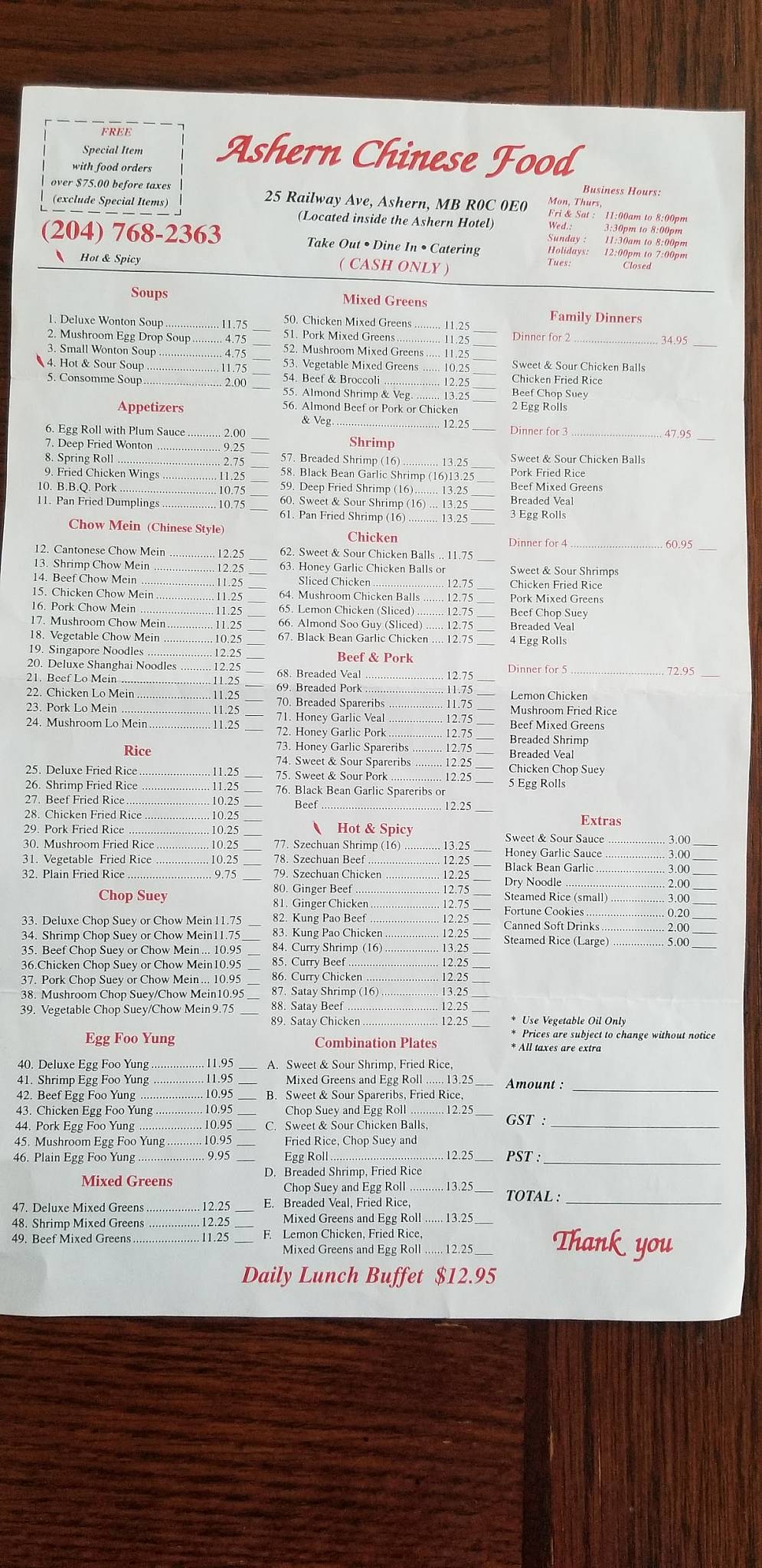 Menu at Ashern Chinese Food restaurant, Ashern