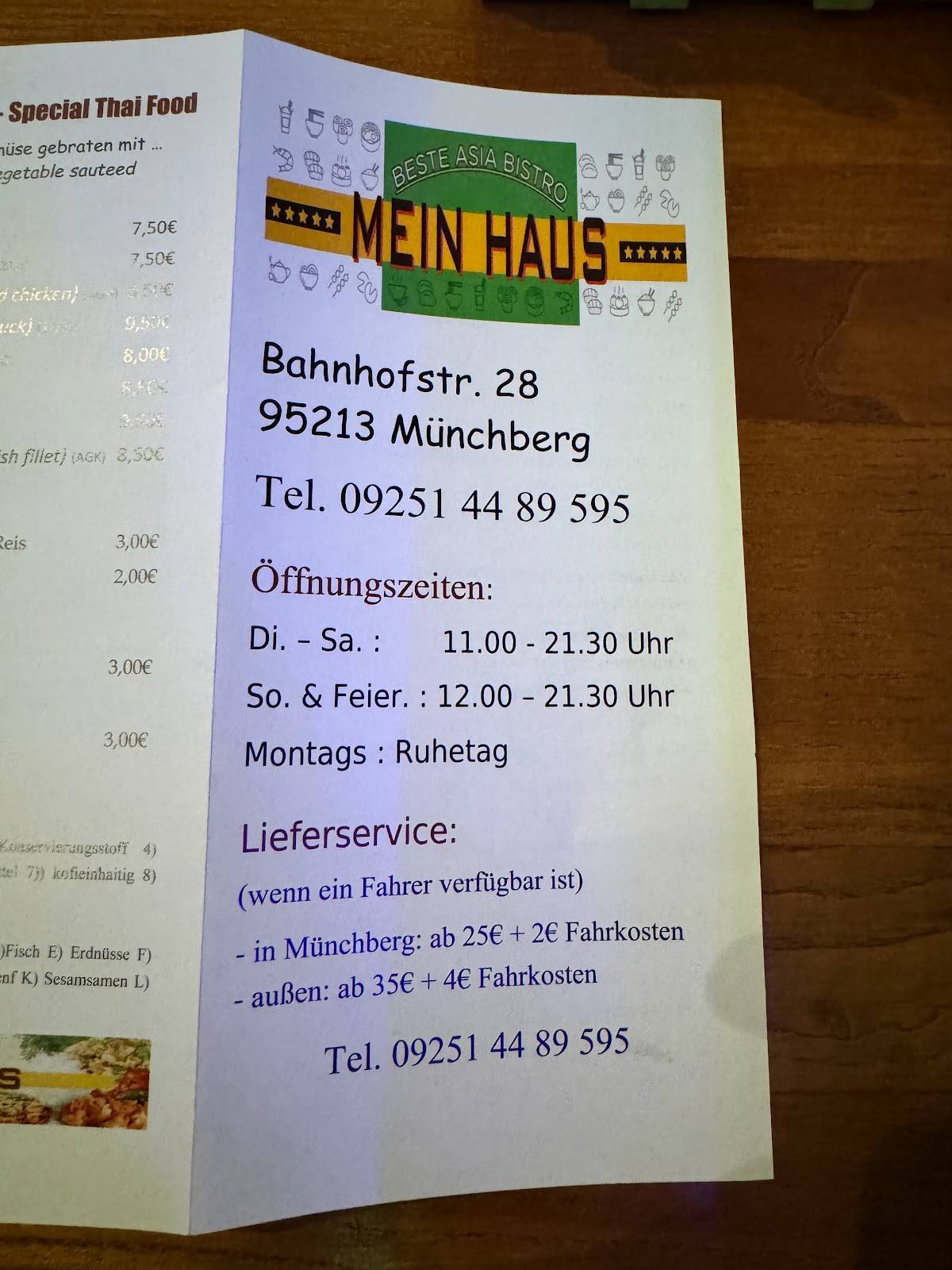 Menu at Asia Bistro "Mein Haus" restaurant, Münchberg