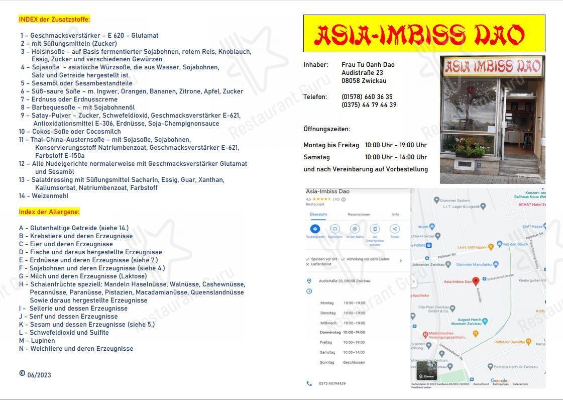 Menu au Asia-Imbiss Dao restaurant, Zwickau
