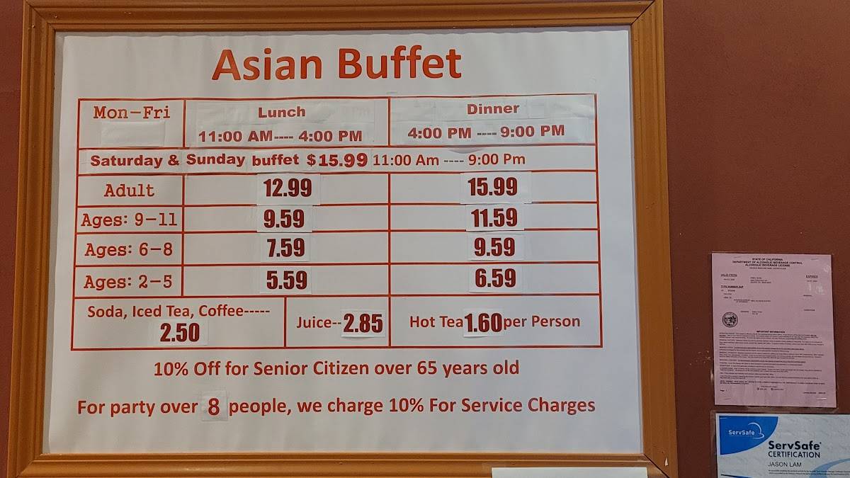 Menu at Asian Buffet restaurant, Gilroy