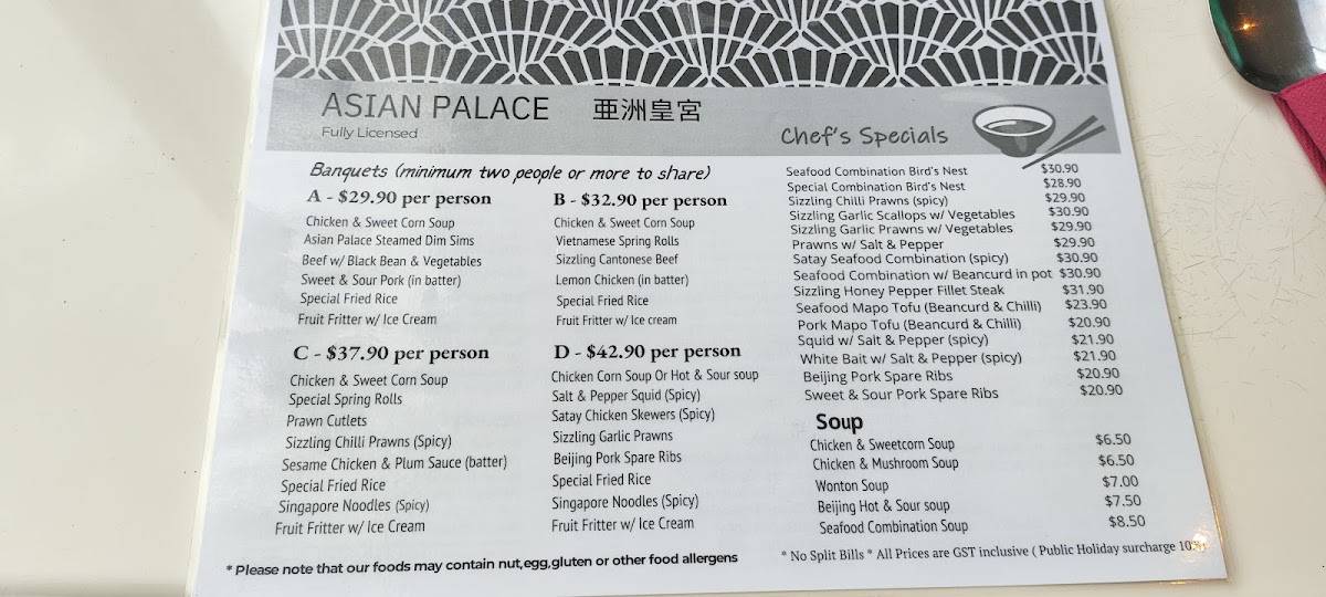 Menu at Asian Palace restaurant, Keysborough