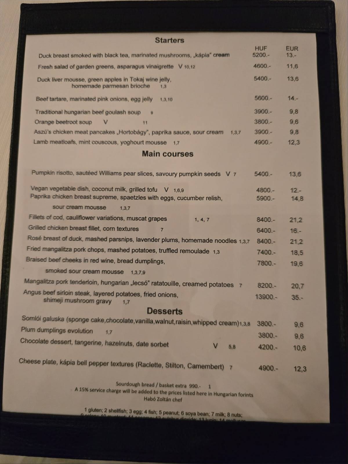 Menu at Aszú Étterem restaurant, Budapest