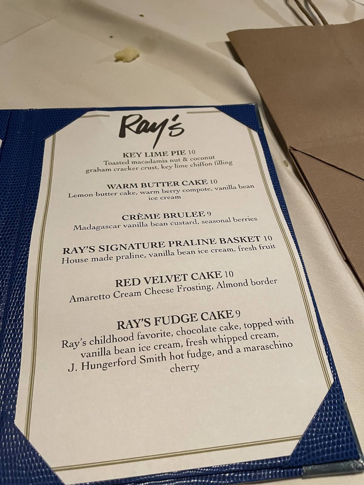 Menu at Ray's on the River steakhouse, Sandy Springs