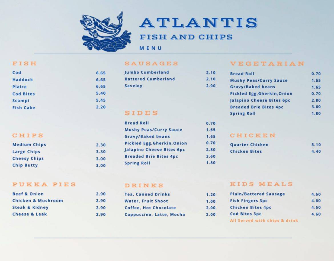 Menu at Atlantis Fish & Chips Margate restaurant, Margate