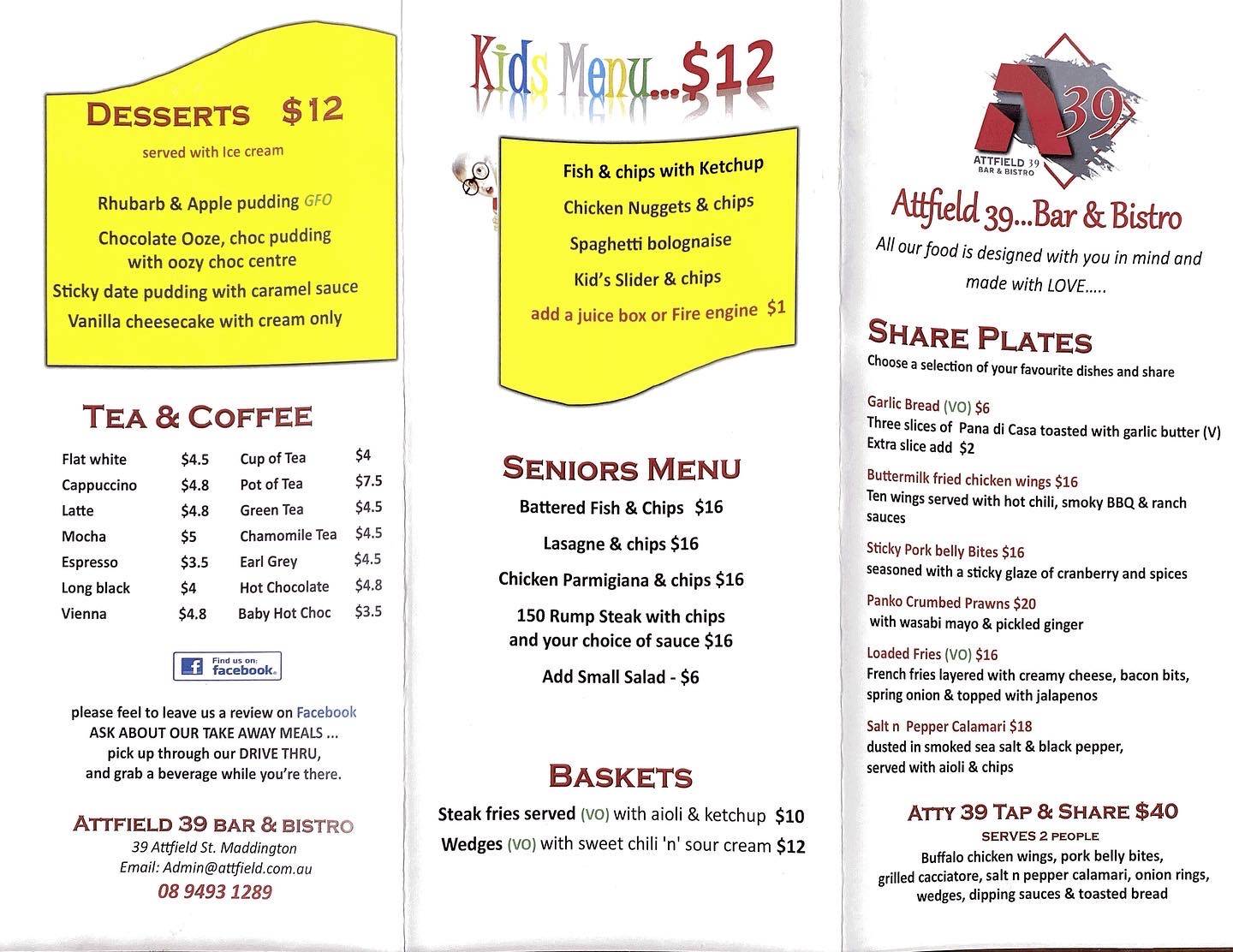 Menu at Attfield 39 restaurant, Maddington