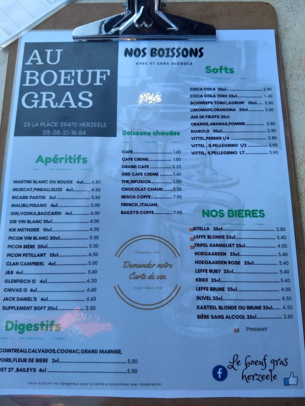 Menu au Au Boeuf Gras restaurant, Herzeele