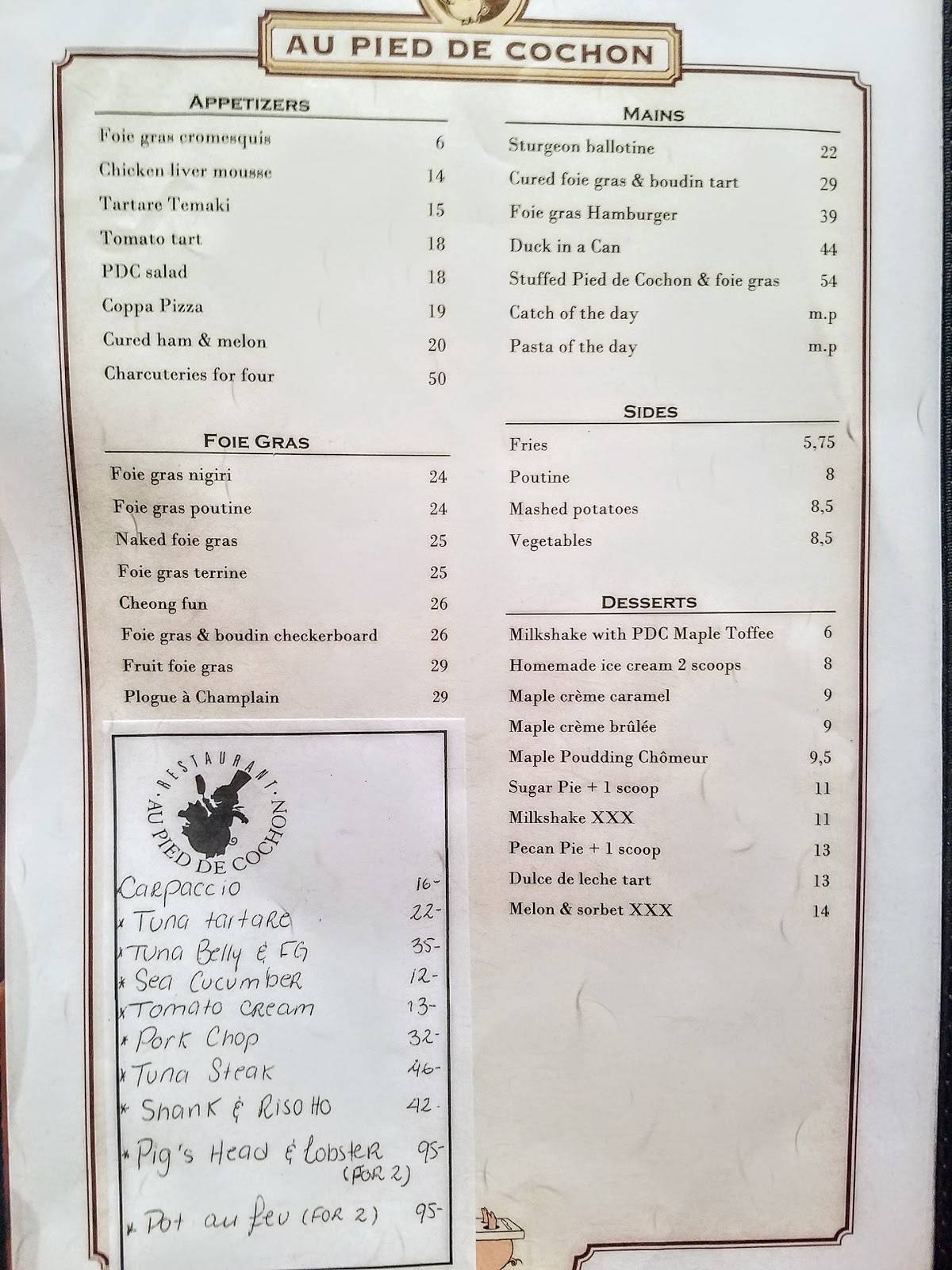 Menu at Au Pied de Cochon restaurant, Montréal, 536 Av. Duluth E