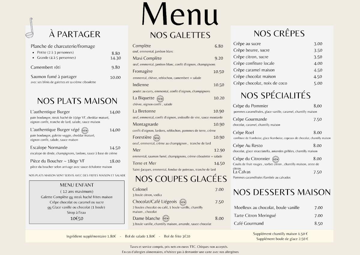 Menu at Au Resto Crêperie Grill, Retiers