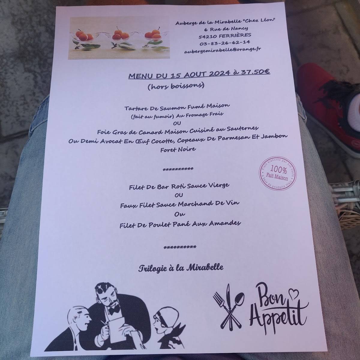 Menu au Auberge de la Mirabelle "Chez Léon" restaurant, Ferrières