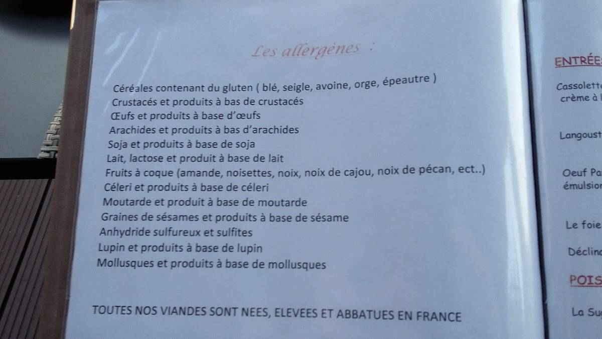 Menu au L'Auberge des Ris restaurant, Vallon-en-Sully, Lieu Dit Les Ris