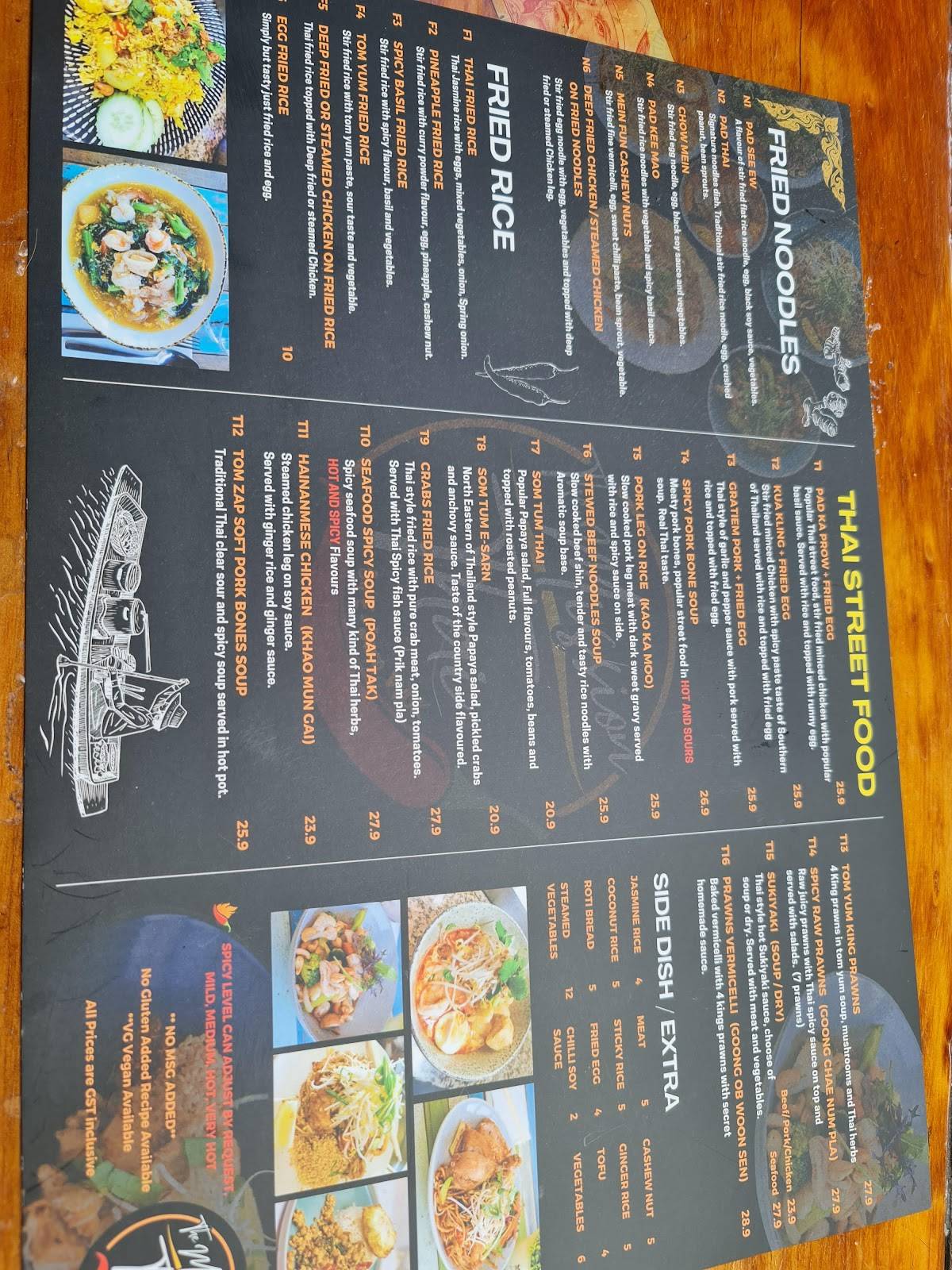 Menu at The Mission Thai restaurant, Auckland