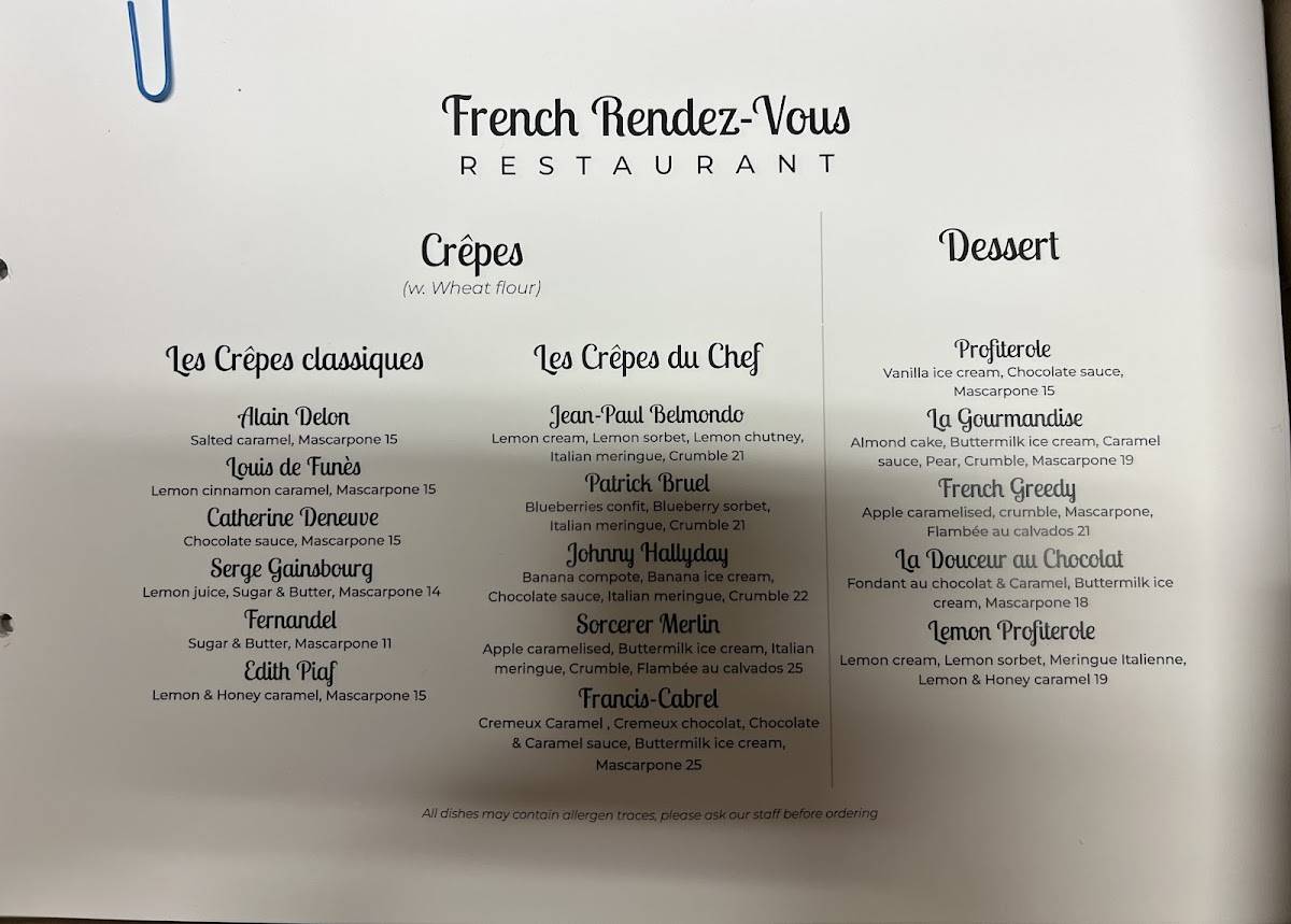 Menu at French Rendez-vous Restaurant, Auckland