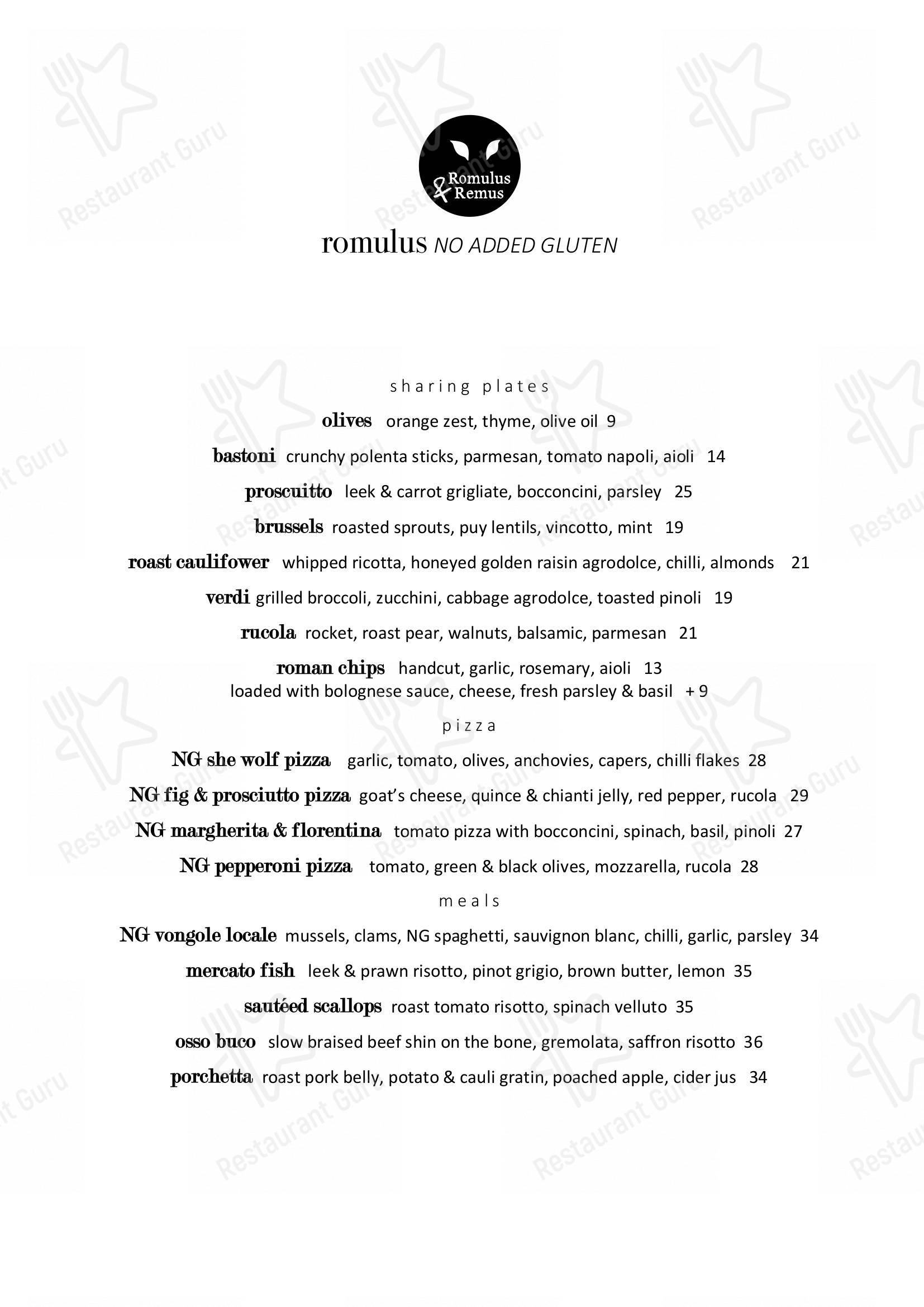 Menu at Romulus and Remus restaurant, Auckland