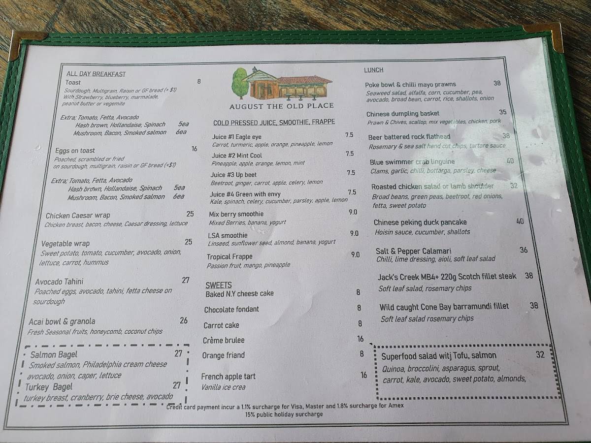 Menu at August The Old Place Mosman restaurant, Mosman