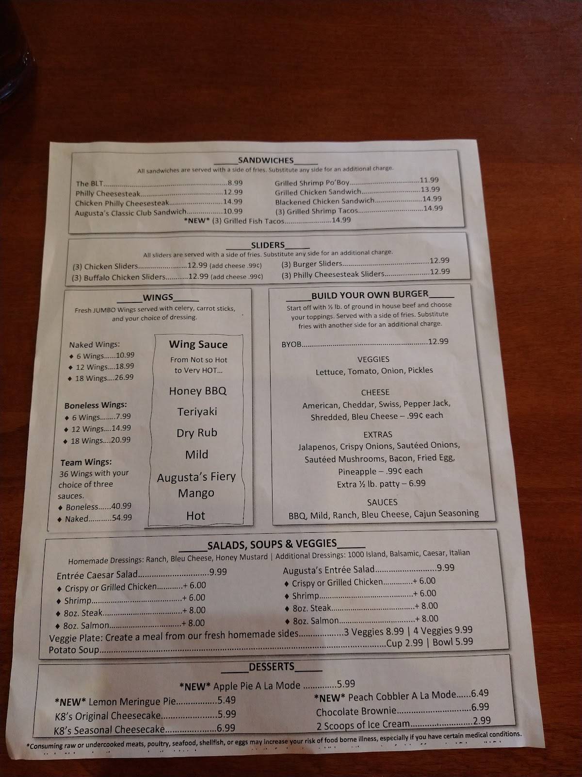 Menu at Augusta's Sports Grill pub & bar, Cullman