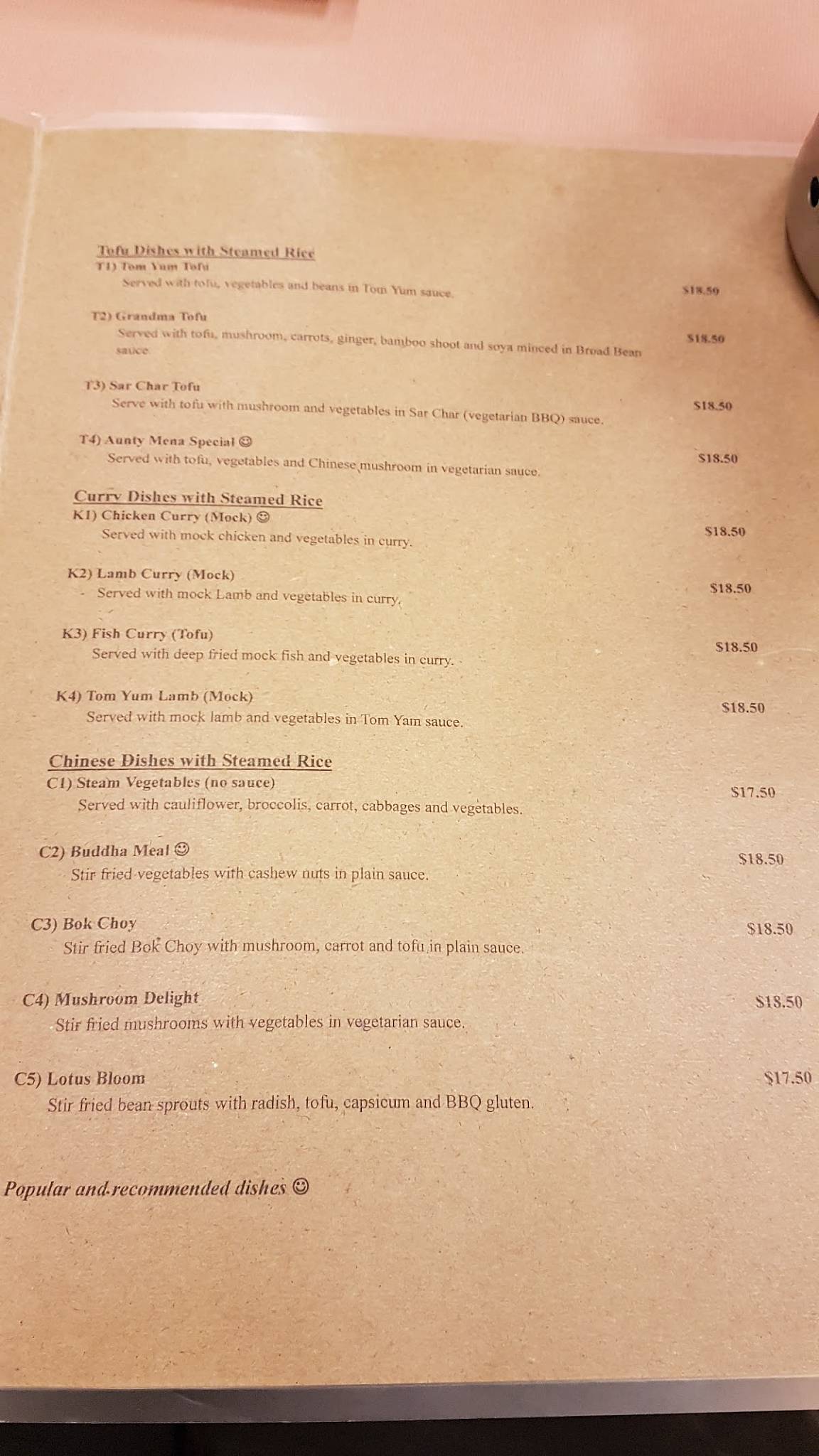 Menu at Aunty Mena's Vegetarian Restaurant & Cafe, Wellington